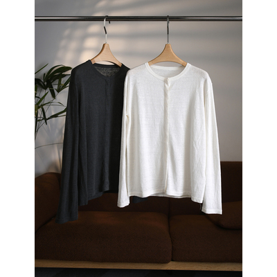 【颖颖家】老钱松弛高级感暗门襟一百亚麻圆领开衫外套W2119