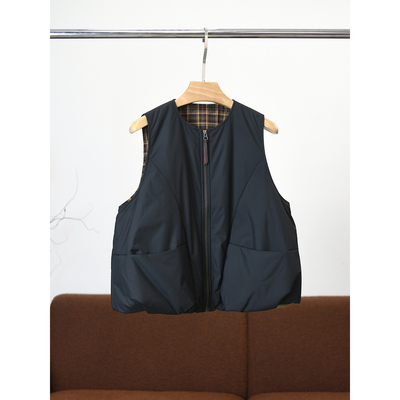 颖颖家 丝滑3m新雪丽内夹棉大口袋格子内里圆领抽绳拉链马甲W1449