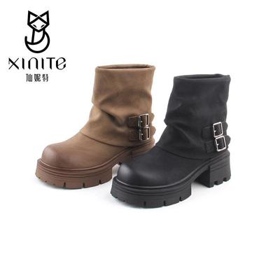 仙妮特厚底增高短筒牛皮短靴