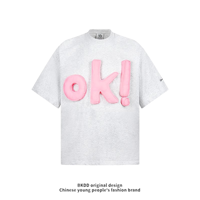 BKDD美式复古立体OK字母短袖T恤男女春夏宽松百搭情侣款半袖上衣T
