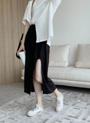2024夏季新款黑色高腰A字长款遮胯开叉防走光显瘦半身裙
