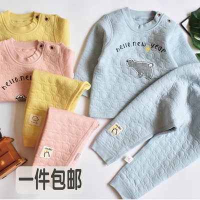 津贝儿童纯棉三层保暖内衣套装宝宝秋冬精梳棉两件套装肩扣两用档