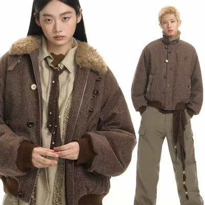 冬季美式复古翻领加厚短款棉服男