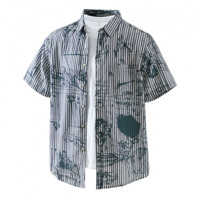 条纹印花短袖衬衫男士时尚百搭潮