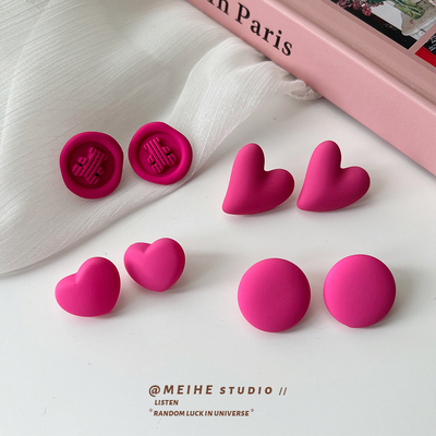 韩国ins风玫红几何爱心圆形耳环