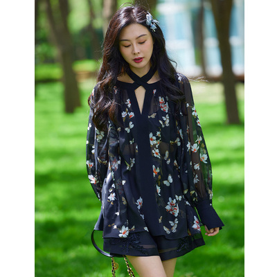 蝴蝶与花黑色蚕丝绑带薄款衬衫