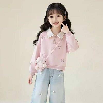 韩系蝴蝶结刺绣女童polo领卫衣秋冬季新款中大童学生洋气长袖上衣