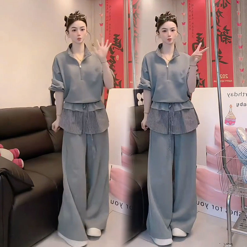 慵懒风休闲时尚套装女2026秋季新款半拉链卫衣搭配阔腿裤两件套潮