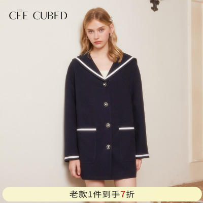ELLIGIOI藏蓝镶白边钻扣装饰海军领外套女2025秋季新款