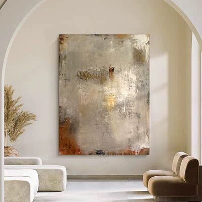 玄关手绘油画秋韵侘寂风民宿客厅装饰画肌理抽象画餐厅无边框挂画