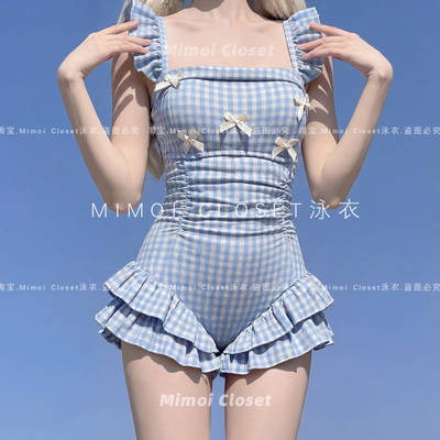 Mimoi甜美蓝格子连体泳衣女