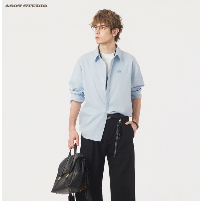 牛津纺蓝条纹宽松长袖衬衫