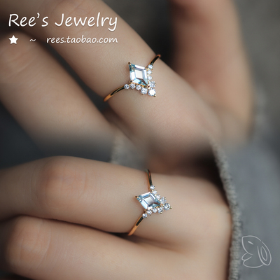 稀少【Rees】星泪 菱形切割天然海蓝宝培育钻石戒指 指环 18k黄金
