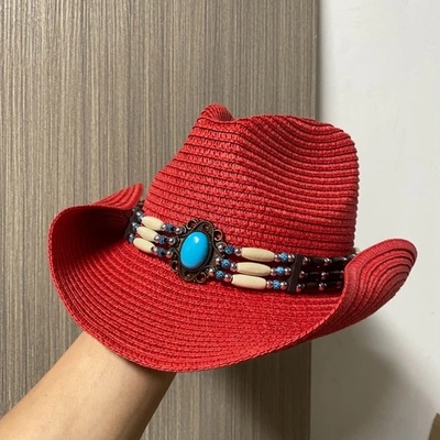 红色藏族爵士草帽女夏海边度假遮阳沙滩帽西部牛仔帽子复古装饰带