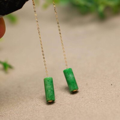 #E643一对18K金耳线镶嵌满绿天然A货翡翠管珠桶珠耳坠