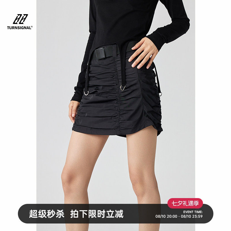 Turn Signal潮牌高腰褶皱半身裙女2025新款性感A字包臀裙黑色短裙