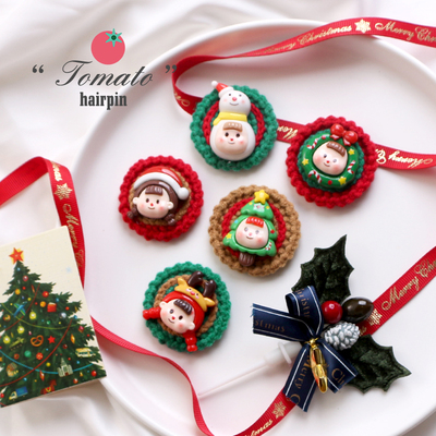 圣诞节复古手工钩织毛线bb夹刘海夹超萌女孩雪人圣诞树麋鹿侧边夹