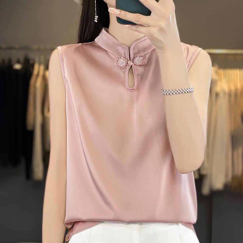 新中式盘扣旗袍领缎面吊带背心女25夏薄款简约时尚无袖t西服内搭 商品图