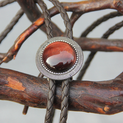 原创设计天然红虎睛眼石波洛领带bolo tie衬衣配饰皮绳