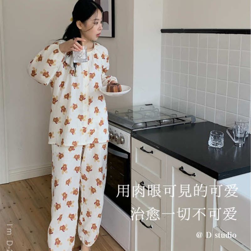 慵懒时光棉纱衣D-25165圆领开扣门襟+经典束口裤女家居服套装春秋