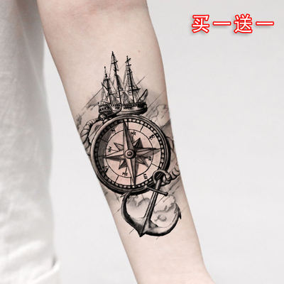 原创黑白指南针船锚逼真纹身贴