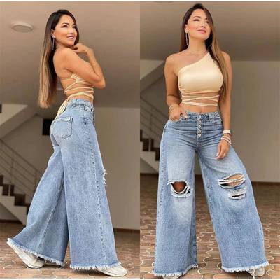 High waist loose ripped wide leg pants light washed jeans