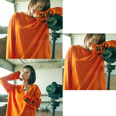 IU李智恩明星同款阳光橙超长袖宽松字母印花圆领打底衫上衣T恤女