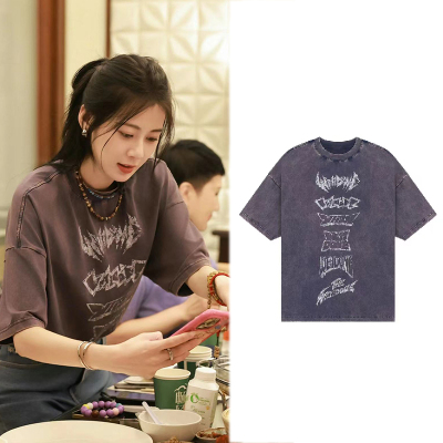 赵昭仪同款黑色短袖夏季美式水洗短袖T男女同款字母印花帅气上衣