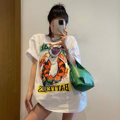 短袖美式复古常规印花纯棉女