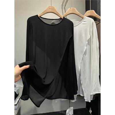 MEETC.Z宽松显瘦斜开叉长袖衬衫女2026春真丝防晒衫微透上衣7370