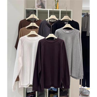 runxi网红开衩大版棉长袖T恤打底衫25春百搭简约上衣1718