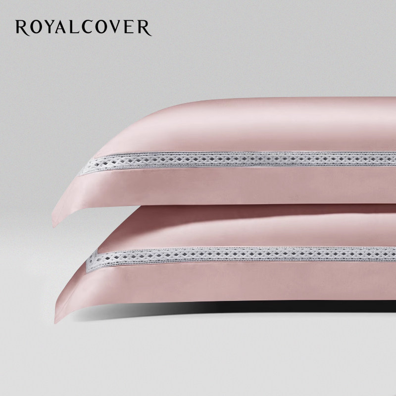 ROYALCOVER/罗卡芙100%全棉床品配件经典蕾丝枕套粉/白(一对装)