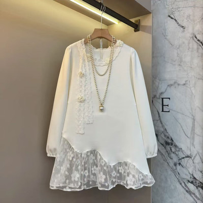 胖妹妹2026早春新款蕾丝拼接连衣裙时尚赫本风假两件中长裙宽松潮