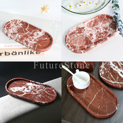 轻奢天然法国红大理石托盘化妆品饰品收纳展示盘样板间高级感摆件