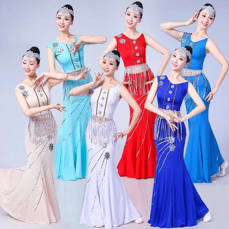 新款傣族舞蹈服成人女民族舞服饰孔雀舞服装民族风修身鱼尾裙