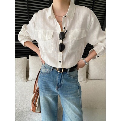 司南 早春新款 100亚麻随性老钱风设计感双口袋休闲衬衫 SN8622