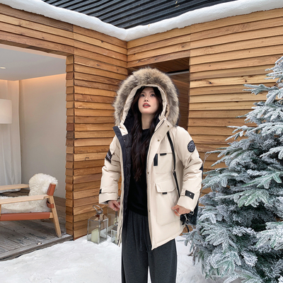 希同儿貉子毛领连帽加厚90白鸭绒工装羽绒服微胖保暖男女派克服冬