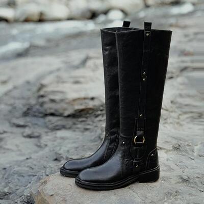 侧拉链时装靴粗跟骑士靴复古