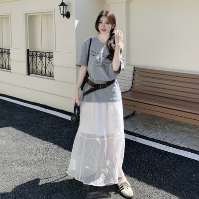 新款现货 时尚连衣裙套装裙 T恤+半身裙配腰带2C153-2537P145K208