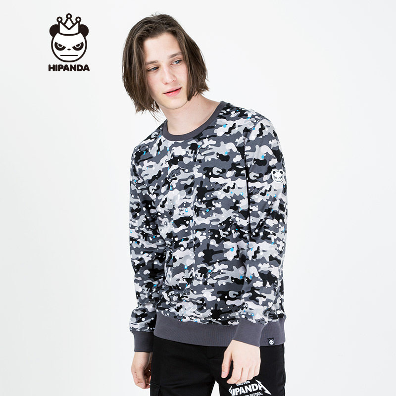 Hipanda你好熊猫男款迷彩08套头卫衣夜光效果长袖上衣设计潮牌_虎窝淘