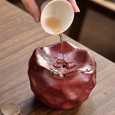 复古紫铜水盂建水茶洗桌面茶渣缸废水垃圾桶带盖过滤干湿分离壶承