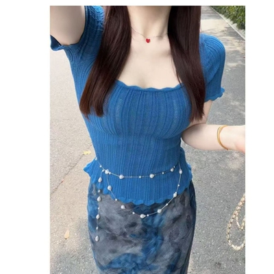 法式高级感蓝色方领短袖针织衫女2026夏季新款修身显瘦小个子上衣