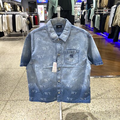 MLB男女同款26春新款短袖舒适透气时尚渐变老花牛仔衬衫3ADRM0163