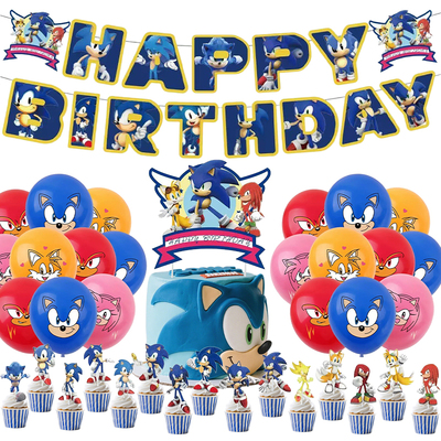 刺猬索尼克主题生日派对装饰用品 sonic螺旋吊饰场景气球拉旗套装