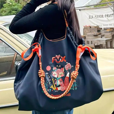 日本代购ballchain刺绣软皮狐狸单肩包手提斜挎大容量托特通勤包