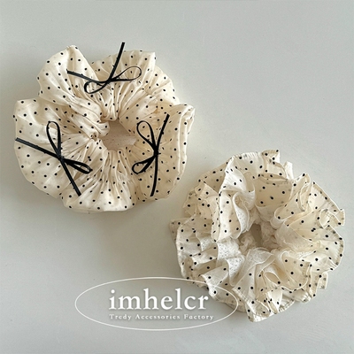 韩国新款雪纺纱香槟色小波点蕾丝大肠发圈丝带蝴蝶结发绳新款发饰