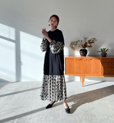 假两件过膝长款古典刺绣连衣裙