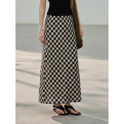 【格林尼治】韩式穿搭通勤夏季新品黑白格纹中长款半裙AG3103