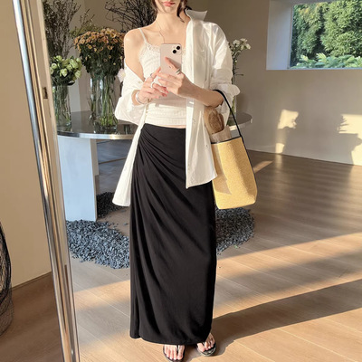 [初打]十三行早春上新简约百搭显瘦褶皱围裹针织半身裙女BQB6057