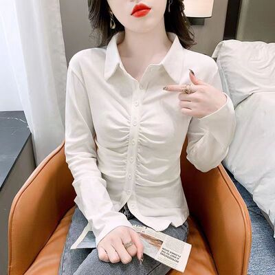 设计感褶皱长袖T恤春衬衣新款修身显瘦小翻领纯欲风打底上衣女